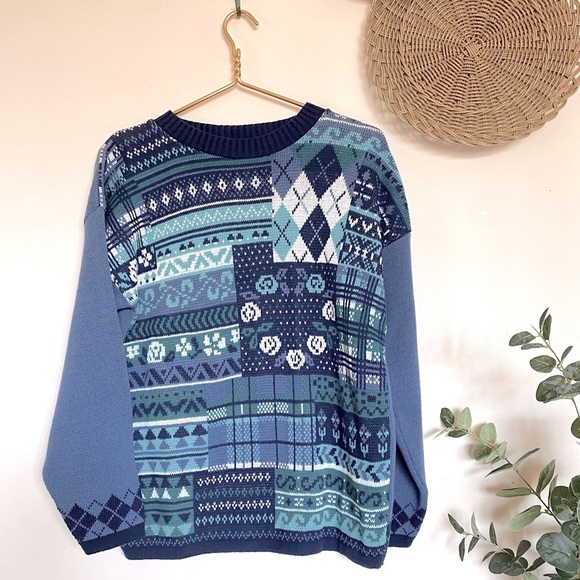 Private Eyes | Sweaters | Vintage 9s Funky Mixed Pattern Knit Pullover Sweater By Private Eyes ...